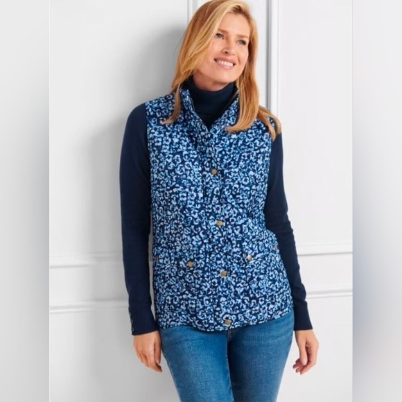 Talbots | Jackets & Coats | Talbots Leopard Quilted Puffer Vest Sz Xl Blue Full Zip Fleece Lined ...